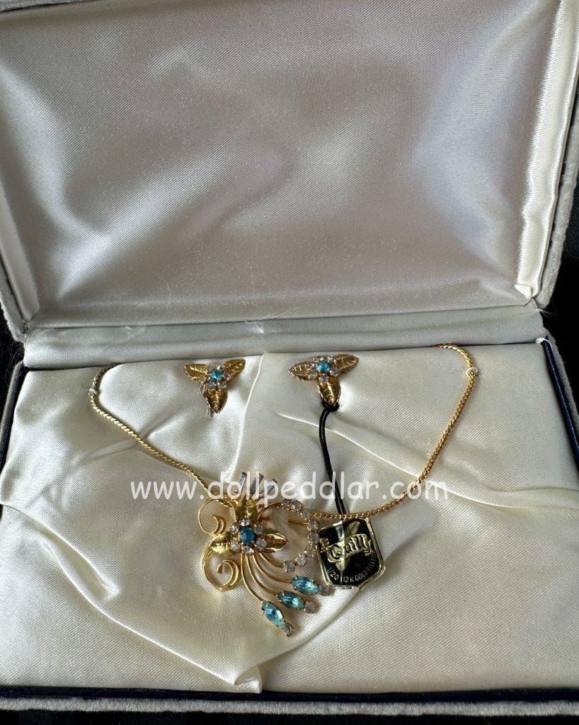 “Athena” Vintage Tru-Kay Box Set, Crystal and Aqua Rhinestones in Faux ...
